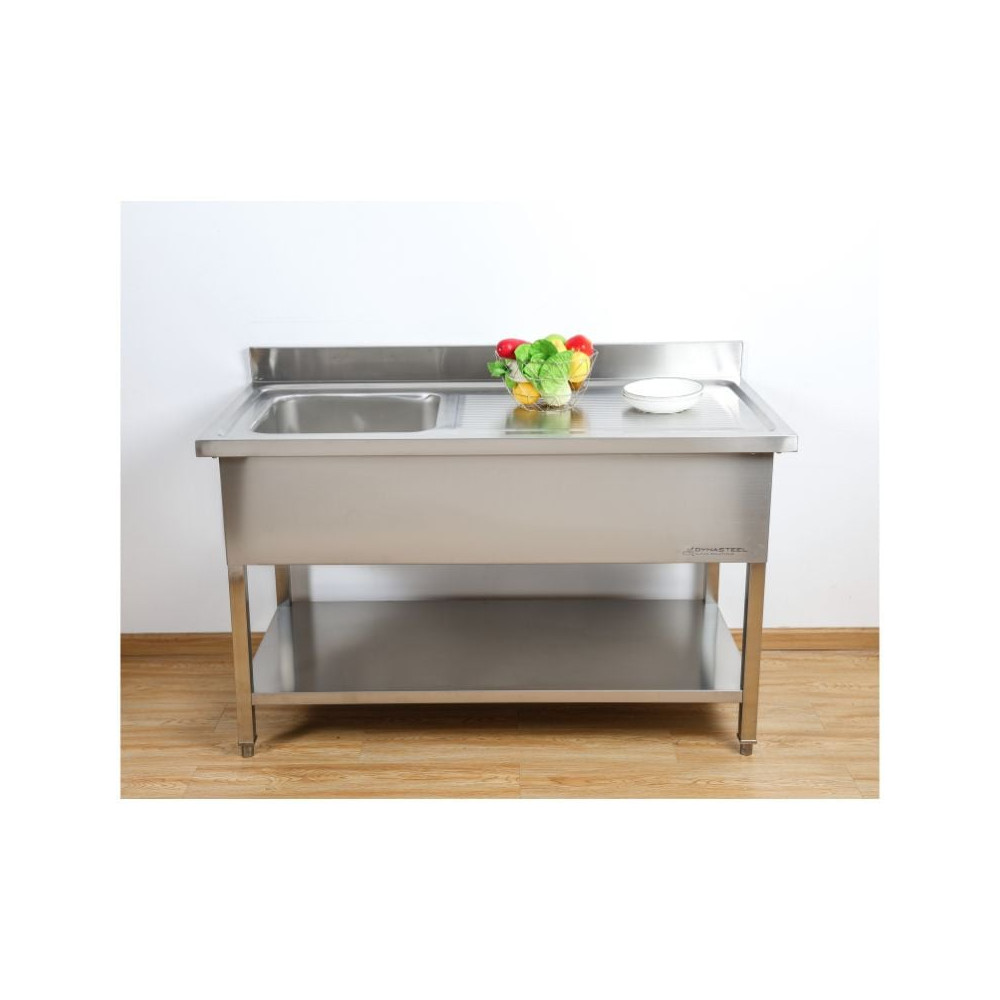 Plonge 1 Bac avec Dosseret et Etagère - 1200 x 700 mm - DYNASTEEL Clean